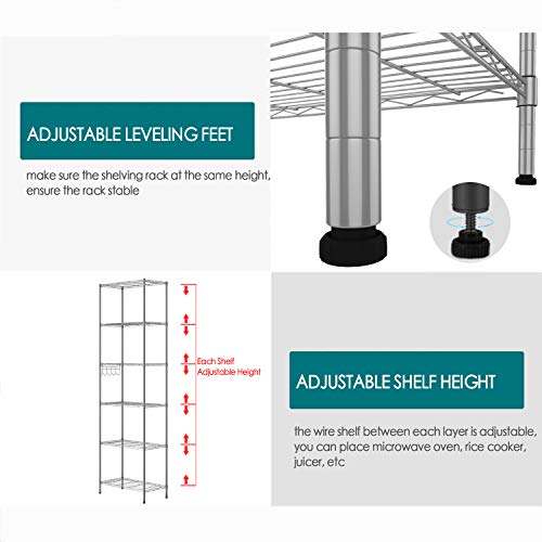 Anfan 6 Tier Wire Shelving Unit Heavy Duty Metal Wire Storage Shelves with Adjustable Leveling Feet & Side Hooks for Kitchen, Garage and Office (Silver)