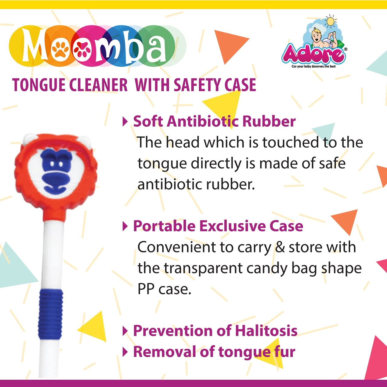 Adore Moomba Tongue cleaner with Safty case Best for child oral care, Multicolour (Pack of 5)