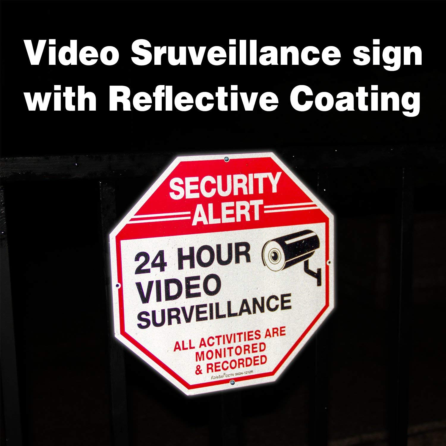 Faittoo (4 Pack) Security Alert, 24 Hour Video Surveillance, All Activities Monitored Signs,10 x 10 .040 Aluminum Reflective Warning Sign for Home Business CCTV Security Camera, Indoor or Outdoor Use
