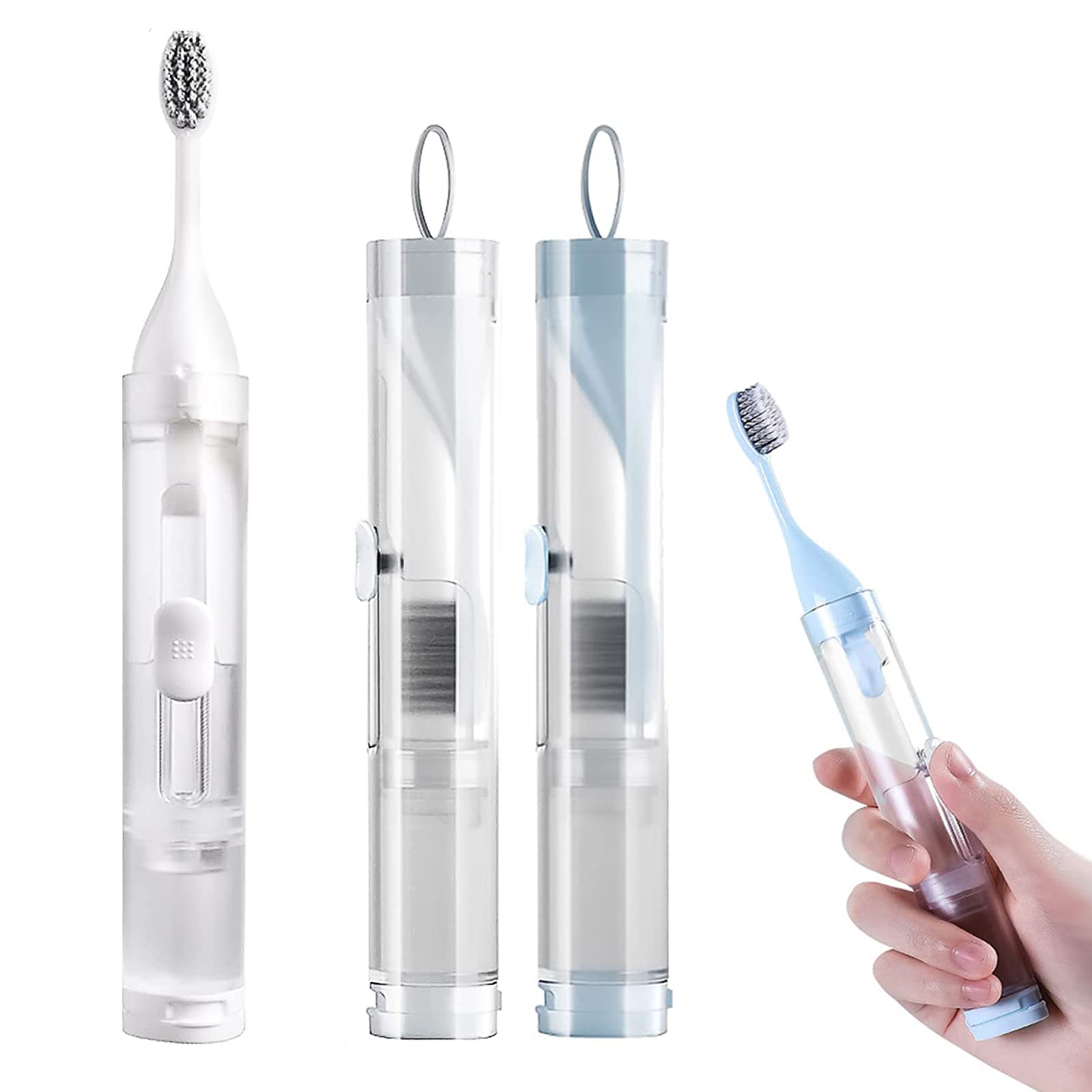2Pcs Toothbrushes Kit Fold Travel Size Built-in Travel Toothpaste Container, Including 2 Cleaner Head Soft Bristles for Travel, Camping, School, Business Trip (Blue, White)