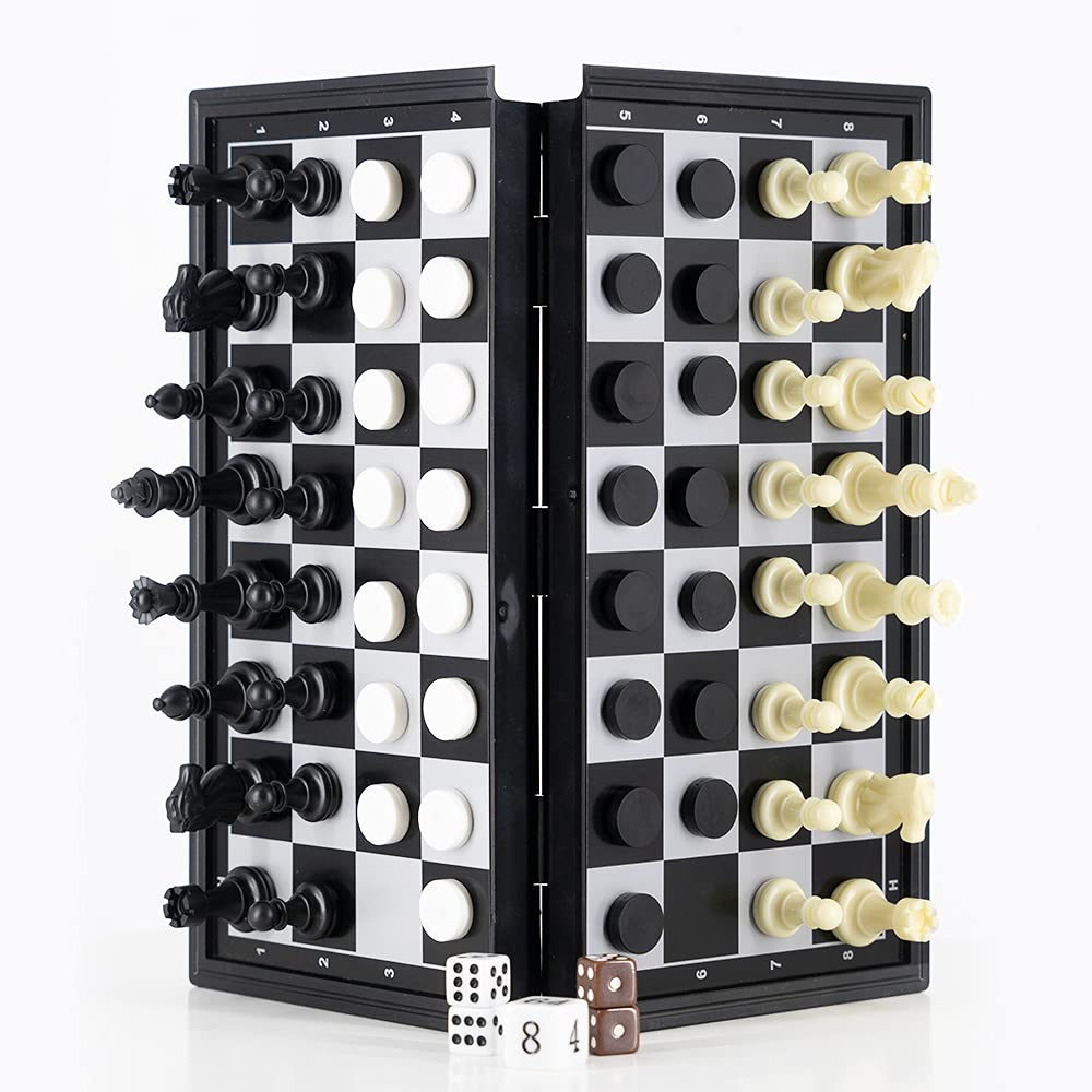 3-in-1 Magnetic Travel Chess Set - Includes Backgammon and Checkers. Compact Size (10 x 10 Inches)