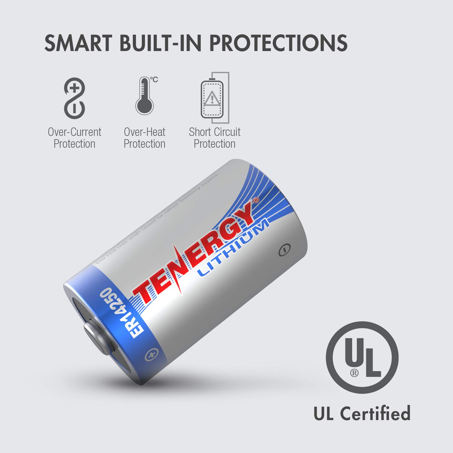 Tenergy High Capacity 3.6V 1/2 AA Lithium Battery, 1200mAh ER14250 Non-Rechargeable Batteries for Window Sensors, Alarm Systems, Home Security Sensors, Utility Meters, UL Certified, 4 Pack