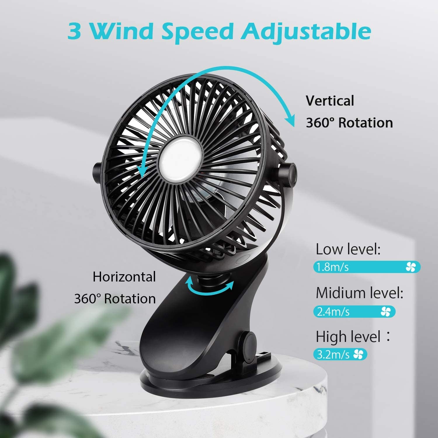 AJOYEUX Battery Operated Clip on Fan for Baby Stroller, Car Seat, Personal Camping - Black