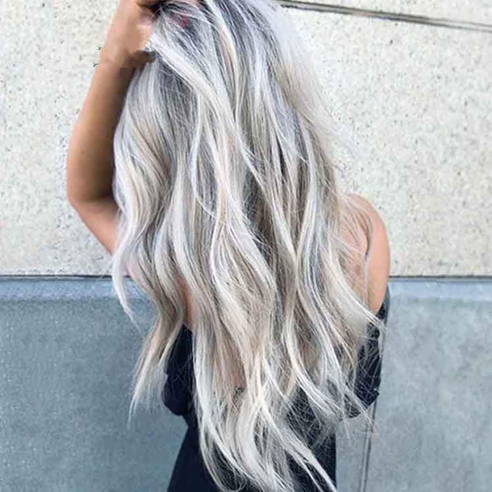 Rswsp 23" Natural Full Wigs Hair Long Wavy Wig Synthetic Heat Resistant (Ombre Silver)
