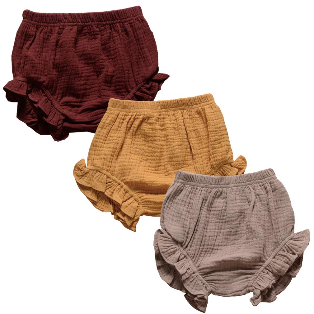 3PC Shorts Set Newborn Baby Girls Boys PP Pants Cotton Linen Blend Cute Floral Bloomer Triangle Shorts (B Coffe+Yellow+Khaki,0-6 Months)