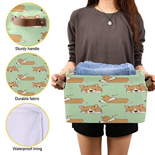Animal Dog Corgi Cute Storage Bins Canvas Fabric Storage Basket Collapsible Storage Cube Box with Handles for Clothes, Book, Toys, Shelf, Gift Baskets, 2PC