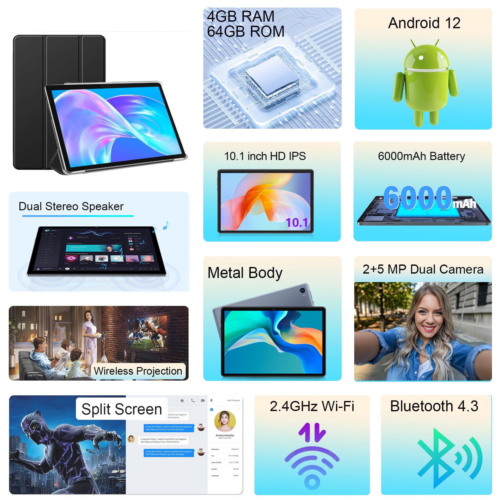 10 inch Tablet Android 12 Tablet 4GB RAM 64GB ROM 128GB Expand, Android Tablet WiFi, HD IPS Touch Screen, Dual Camera, Dual Speakers, 6000mAh Battery, Bluetooth, FM, Google GMS Certified