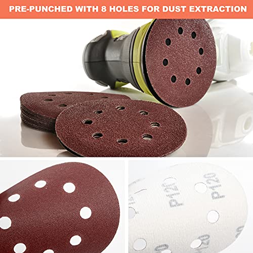 165pcs Orbital Sander Sandpaper Sanding Discs 5 Inch 8 Hole 40 60 80 120 180 240 320 400 600 Grit, Hook and Loop Random Orbital Sandpaper Assortment for Wood STUHAD