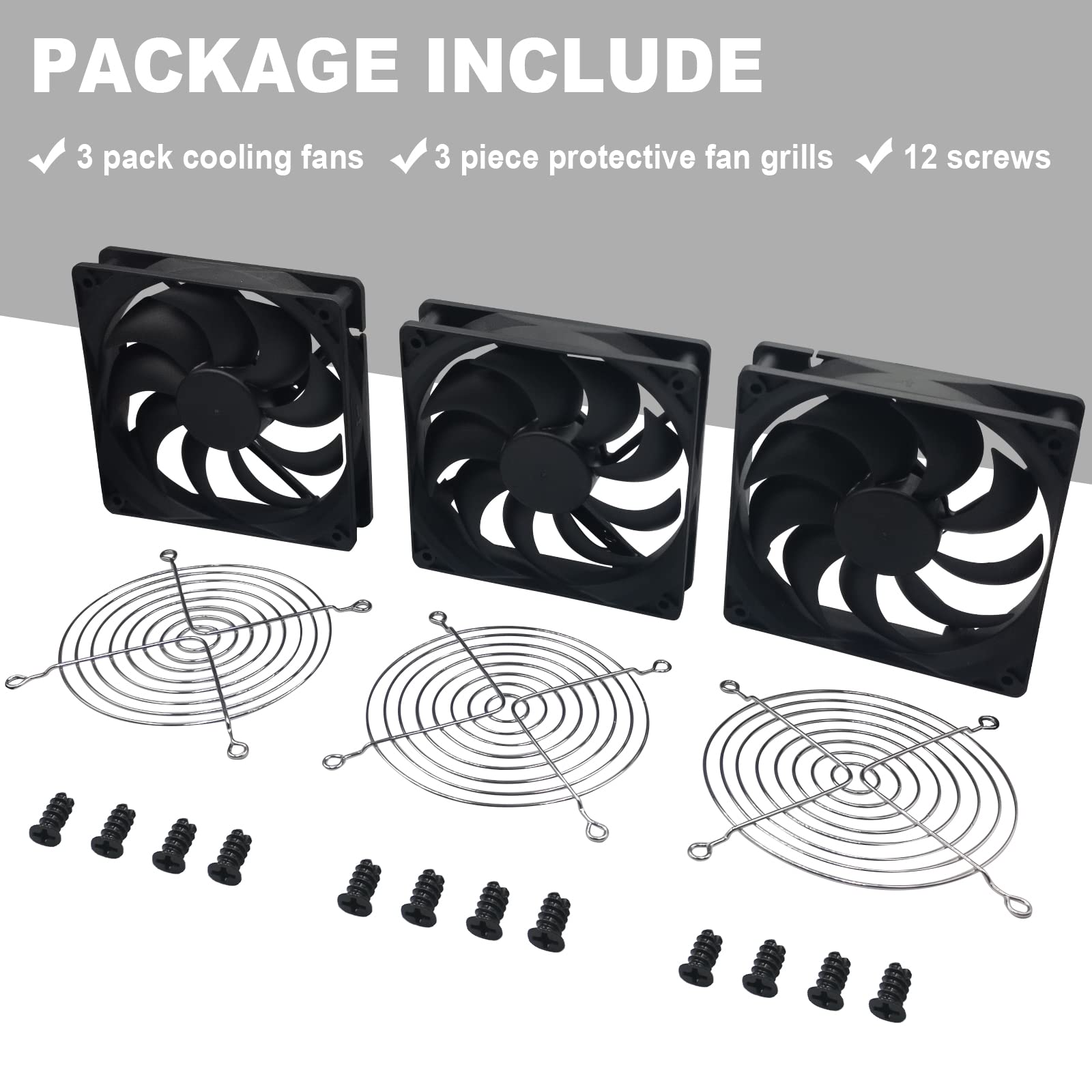 3-Pack 120mm 24V DC High Airflow Computer PC Case Fan 120x120x25mm 3Pin 4.72inch Dual Ball Bearing Brushless Exhaust Cooling Fan for Mining Rig Frame Rack Air Miner PSU with Metal Guard 3000RPM