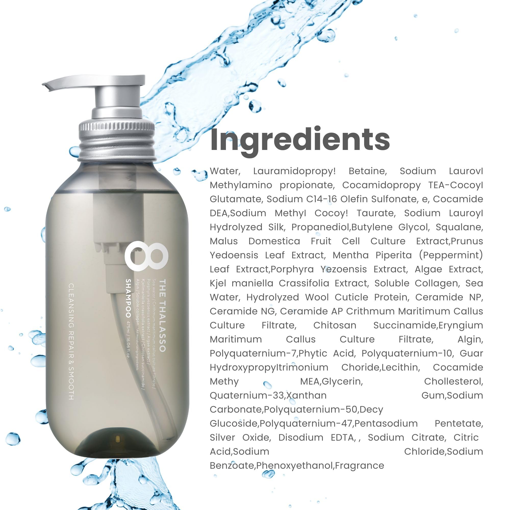 8 THE THALASSO Smooth Series: Normal to Oily Shampoo, Unique Thalasso Stem Cells with Deep Sea Water & Marine Collagen, Chemical-Free, Moisturizing & Smoothing, 475mL /16.06 fl oz
