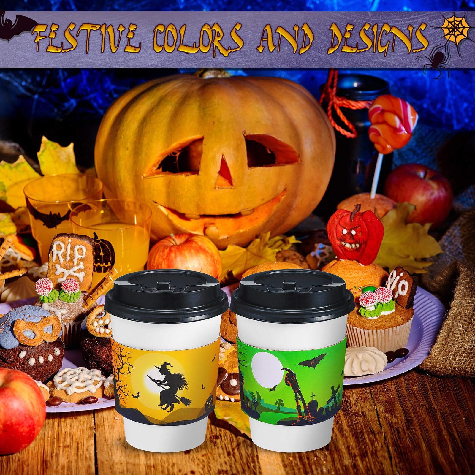 150 Pcs 12 oz Halloween Disposable Coffee Cups with Lids and Coffee Cup Sleeves Paper Hot Coffee Cups Dome Lids and Coffee Cup Tea Cup Sleeves for Halloween Party Decoration Supplies (Horror Pattern)