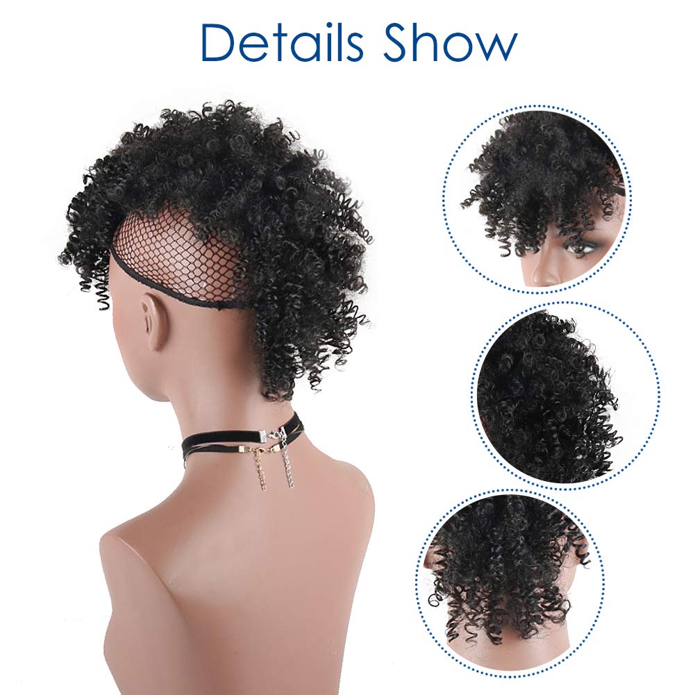 Aisaide High Puff Afro Mohawk Ponytail with Bangs No Drawstring,Short Kinky Curly No Drawstring Ponytail Extension,Synthetic Clip in Mohawk Ponytail Bun with Bangs,Wrap Updo Clip in Hair Extensions