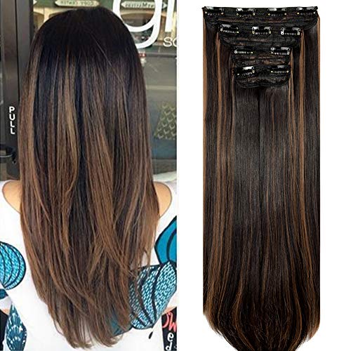LELINTA 24" Straight Long 4 PCS Set Thick Clip in on Synthetic Hair Extensions Hairpieces for Women Dark Brown Mix Light Auburn