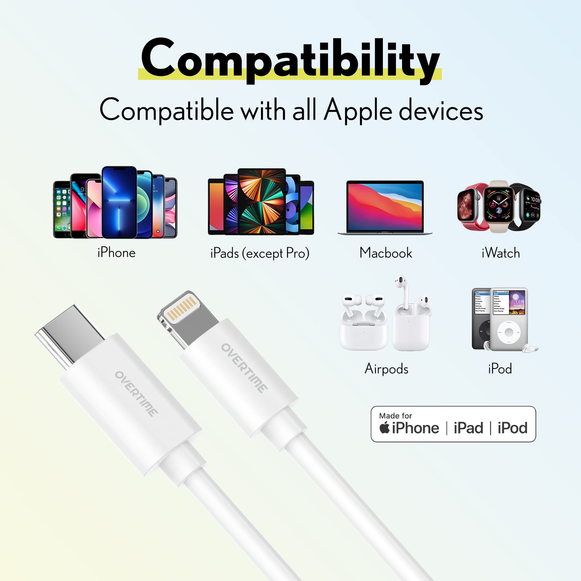 Overtime iPhone Lightning Cable, MFI Certified, Portable & Smart USB-C to Lightning Charging Cable, Fast Apple Charging Cord, 6ft iPhone Charger Cord Compatible with iPhone | iPad | iPod - White