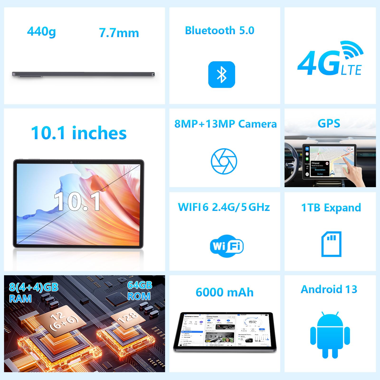 10 inch Tablet Android 13 Tablet, 8GB+64GB 1TB Expand Octa-Core Processor, 1280x800 IPS, Cellular Tablet with 4GLTE, GPS, 6000mAh, 2.4G/5G WiFi, 8MP+13MP Dual Camera, BT5.0