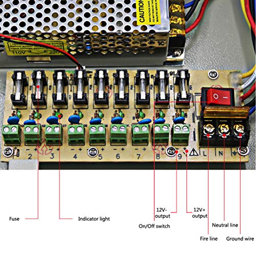 9CH Channel Port Distributed Power Supply Box Swithing Power Supply Output 12V 10 Amp for CCTV DVR Security System and Cameras