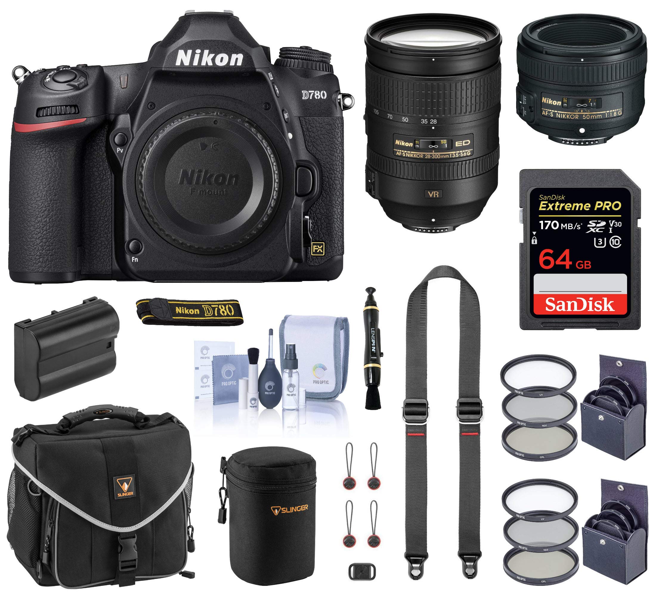 Nikon D780 DSLR Camera with Nikon 28-300mm f/3.5-5.6G VR Lens, 50mm f/1.8G AF-S Lens Complete Bundle with Bag, Neck Strap, Battery, 64GB Card, Filter Kit and Accessories