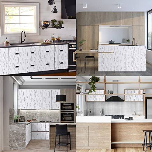 236.2"x17.7" White Peel and Stick Wallpaper Silver Modern Embossed Stripe Contact Paper Self Adhesive Removable Wave Wallpaper Perfectly Covers The Surface Not See Through Wall Covering Film1 …