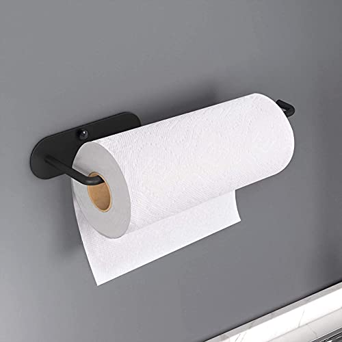 HUFEEOH Paper Towel Holder Under Cabinet Wall Mount for Kitchen Paper Towel, Black Adhesive Paper Towel Roll Rack for Bathroom Towel, SUS304 Stainless Steel