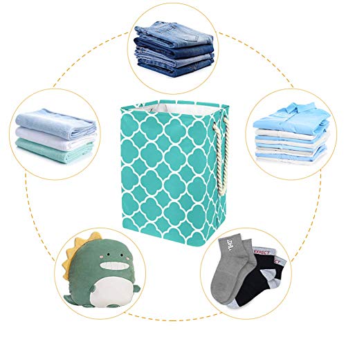 AISSO Large Laundry Hamper Basket Waterproof Dirty Cloth Storage Bins with Handle for Bedroom Laundry Room Bathroom Quatrefoil Pattern Teal Green Seamless Design
