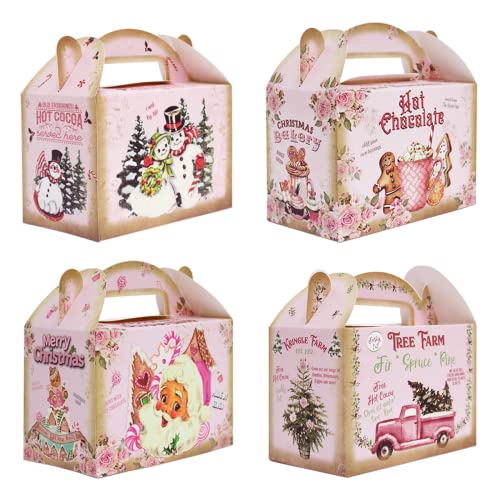16Pcs Pink Christmas Decorations Christmas Treat Boxes Vintage Christmas Paper Gift Boxes Christmas Santa Boxes with Handle Present Candy Cookie Boxes for Xmas Holiday Party Favor Supplies
