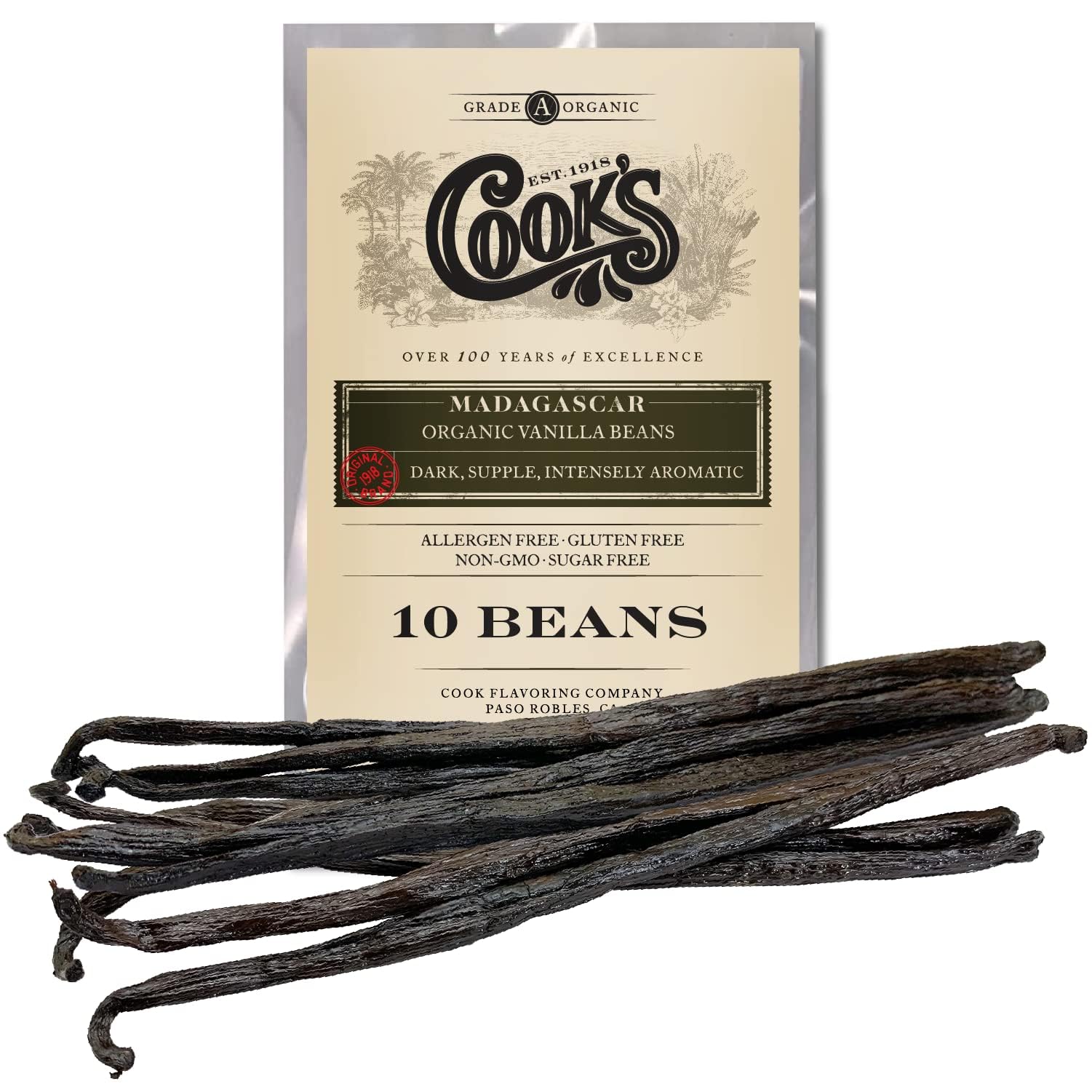 10 Organic Madagascar Whole Vanilla Beans, Grade A Vanilla Pods, Premium Vanilla Beans for Making Extract & Baking - Cook’s