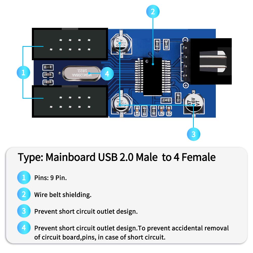 4 in 1 Internal USB Splitter Cable, Electop 9 pin USB Header Male 1 to 4 Female Extension Connector Adapter, USB 2.0 HUB Connector Port Multiplier PWM Fan Splitter Cable (30cm/0.98ft)