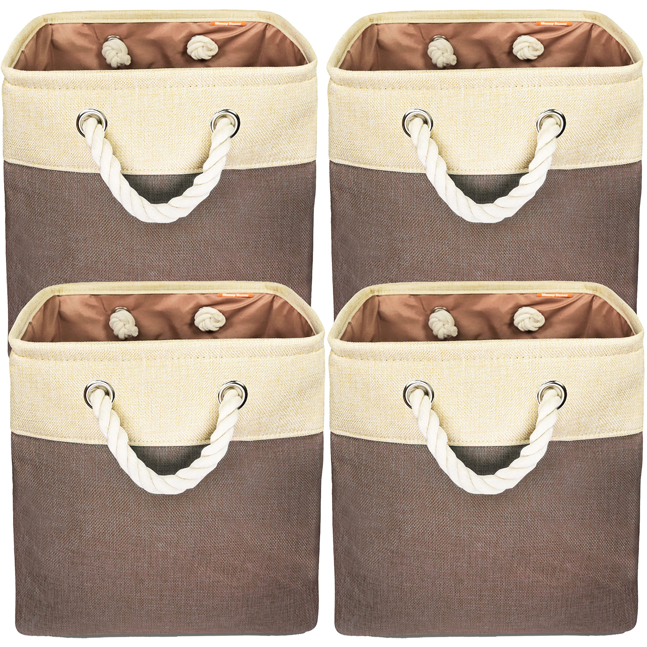 HunnyBunny Foldable Storage Bins - Premium Quality Organizing Baskets for Home Office, Living Room, Bedroom, Kitchen, Bathroom, Nursery, Closet - Collapsible Cube, Cotton Fabric, 13x13 - Pack of 4 (Brown)
