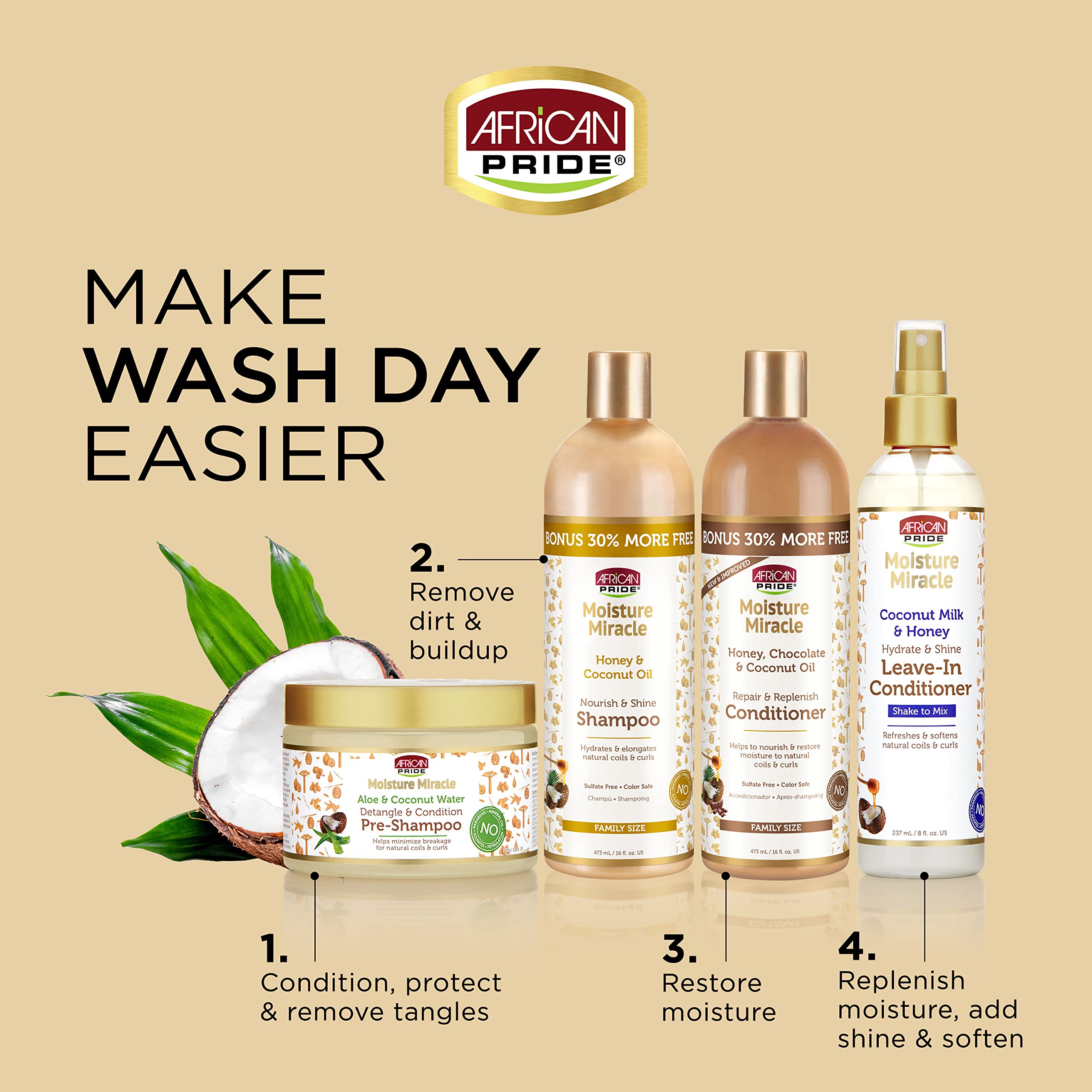African Pride Moisture Miracle, Honey & Coconut Oil Shampoo, Honey, Chocolate & Coconut Oil Conditioner, Aloe & Coconut Water Pre-Shampoo, For Natural Coils & Curls, 12 Oz