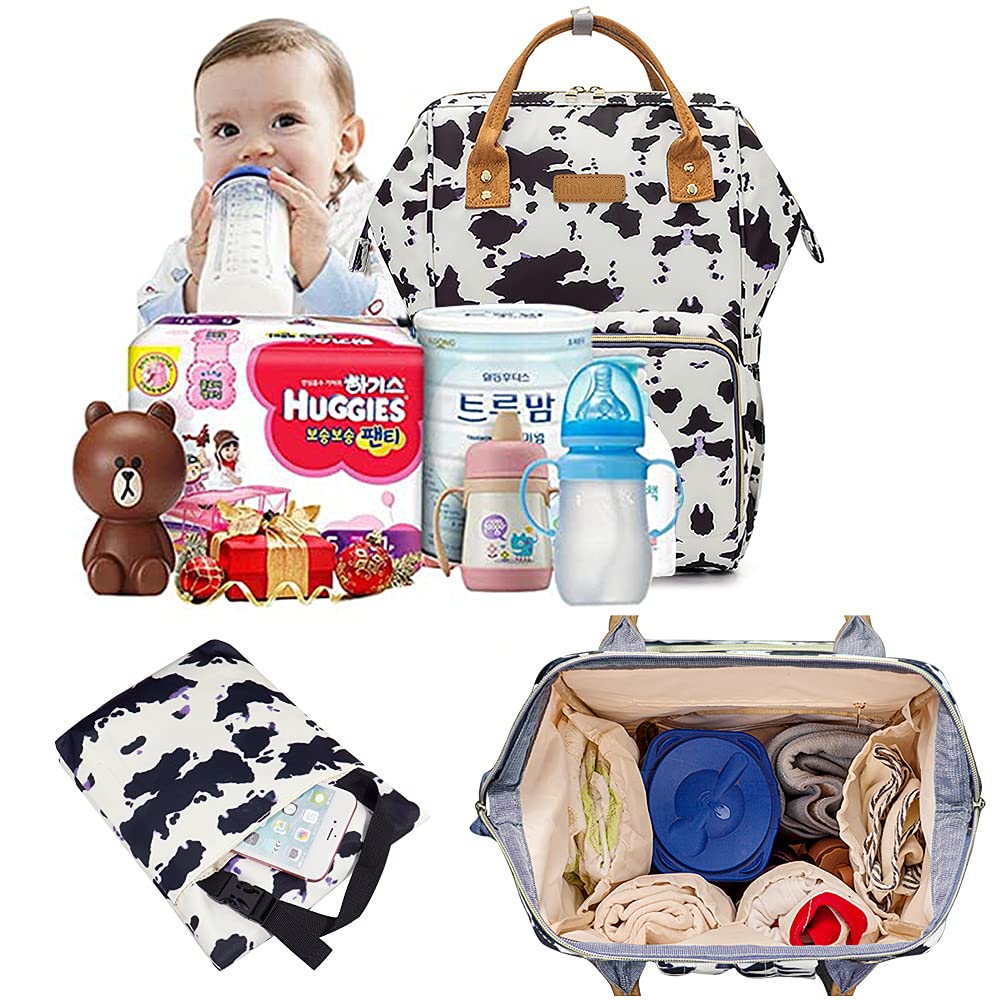 Cow Print Diaper Bag Backpack Set for Baby Girls Mom, Large Capacity Multi-Function Nappy Bags Organizer