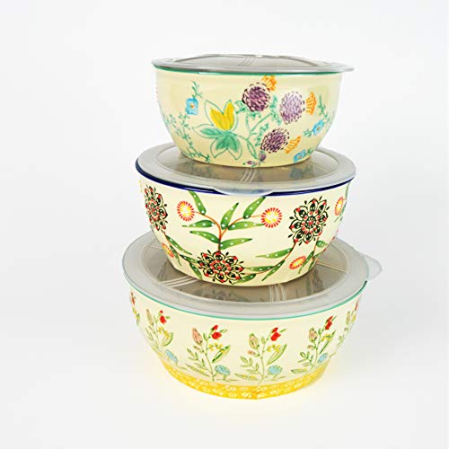 Euro Ceramica Ella 3 Piece Nesting Storage Bowls Set with Lids Assorted Multicolor Asian Floral Design, 82Fl oz