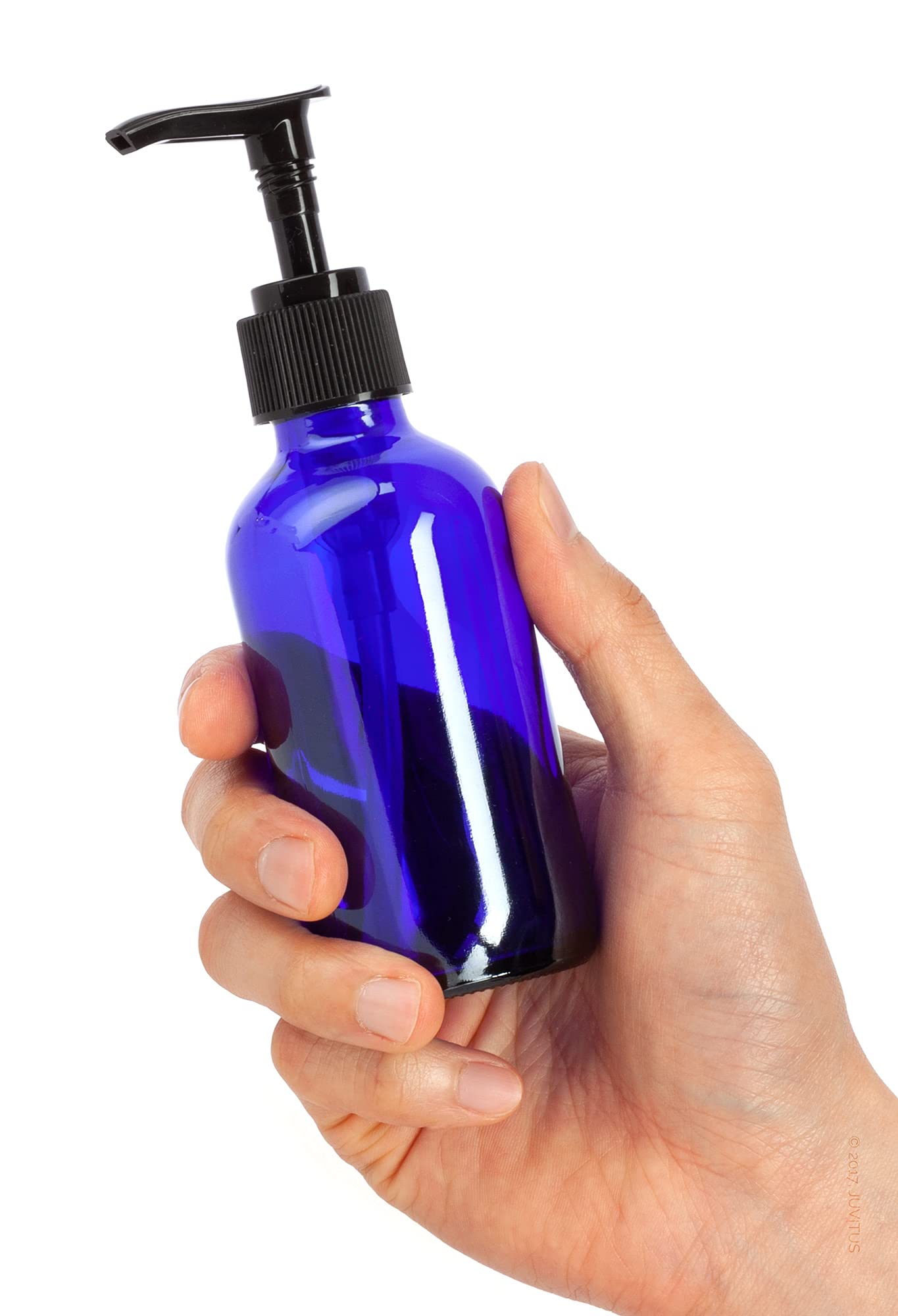 4 oz Cobalt Blue Glass Boston Round Bottle with Black Lotion Pump (12 Pack) + Funnel