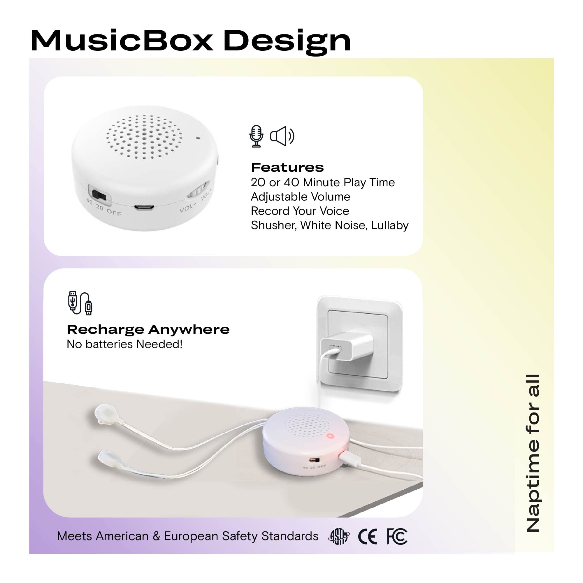 Hushko White Noise Baby Sound Machine - Sleeping Toy Panda - Sleep Soother: Shusher, Mother’s Heart Beat, Lullaby, or Record Any Sound. Volume & Time Control, Pacifier Holder, Washable, USB.