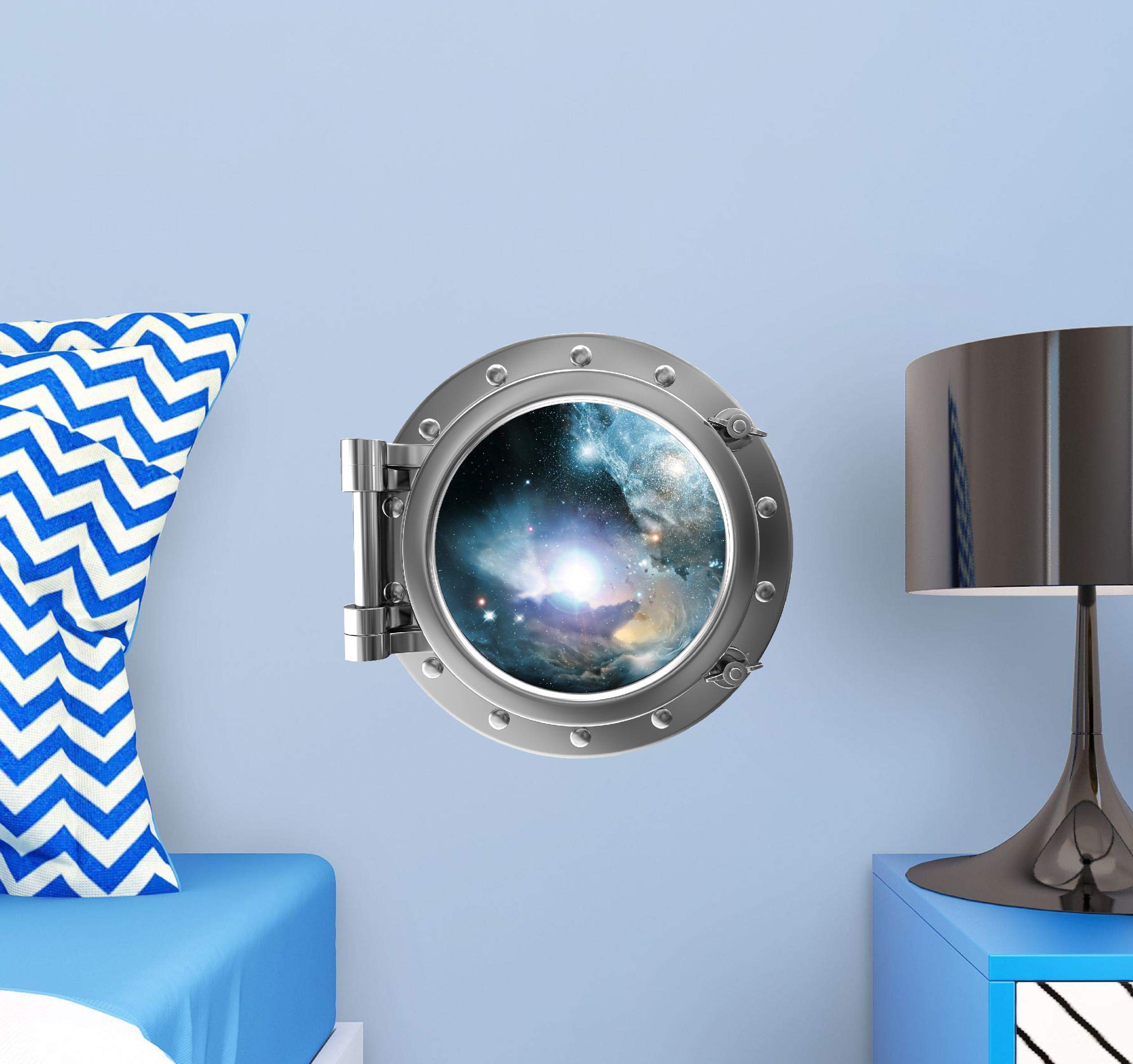 12" Port Scape Instant Space Ship 3D Window View NEBULA & STARS #1 Silver Porthole Wall Decal Removable Wall Sticker Mural Boys Bedroom Playroom Decor