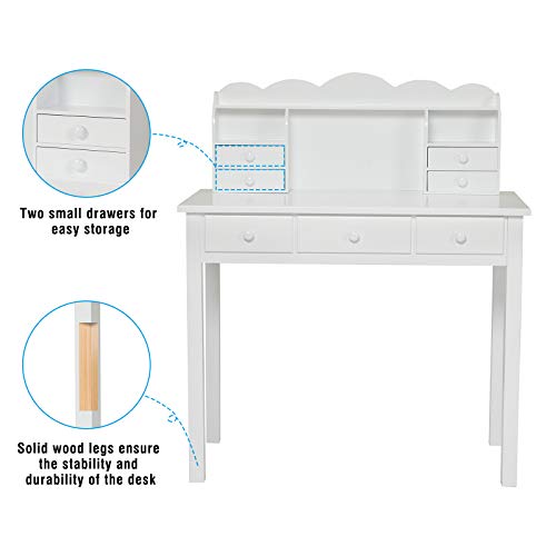 ADORNEVE Writing Desk with 7 Drawers, Home Office Desk with Hutch,Student Desk Study Table, Small White Desk, Solid Pine Wood Legs