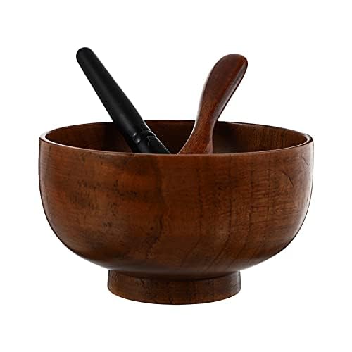 FOMIYES Face Mask Mixing Bowl Set , 3Pcs Wood DIY Tool Kit with Facial Mask Bowl Stick Spatula Makeup Brush for Girls Ladies Women