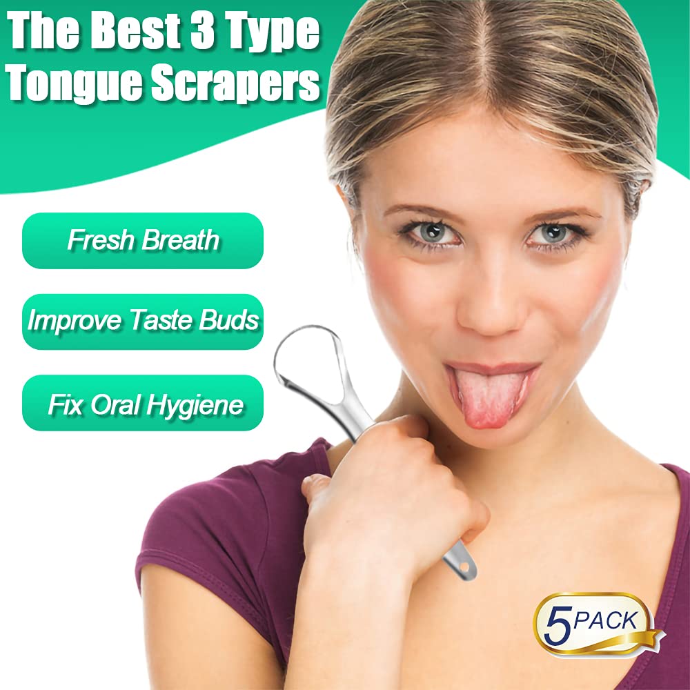 Tongue Scraper Cleaner for Adults Kids, 5 Pack 100% BPA Free Fresher Tongue Tools, Bad Breath Remove Reusable Stainless Steel Tounge Scrapper Set