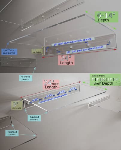 24" Long Clear Floating Shelf (12" deep)