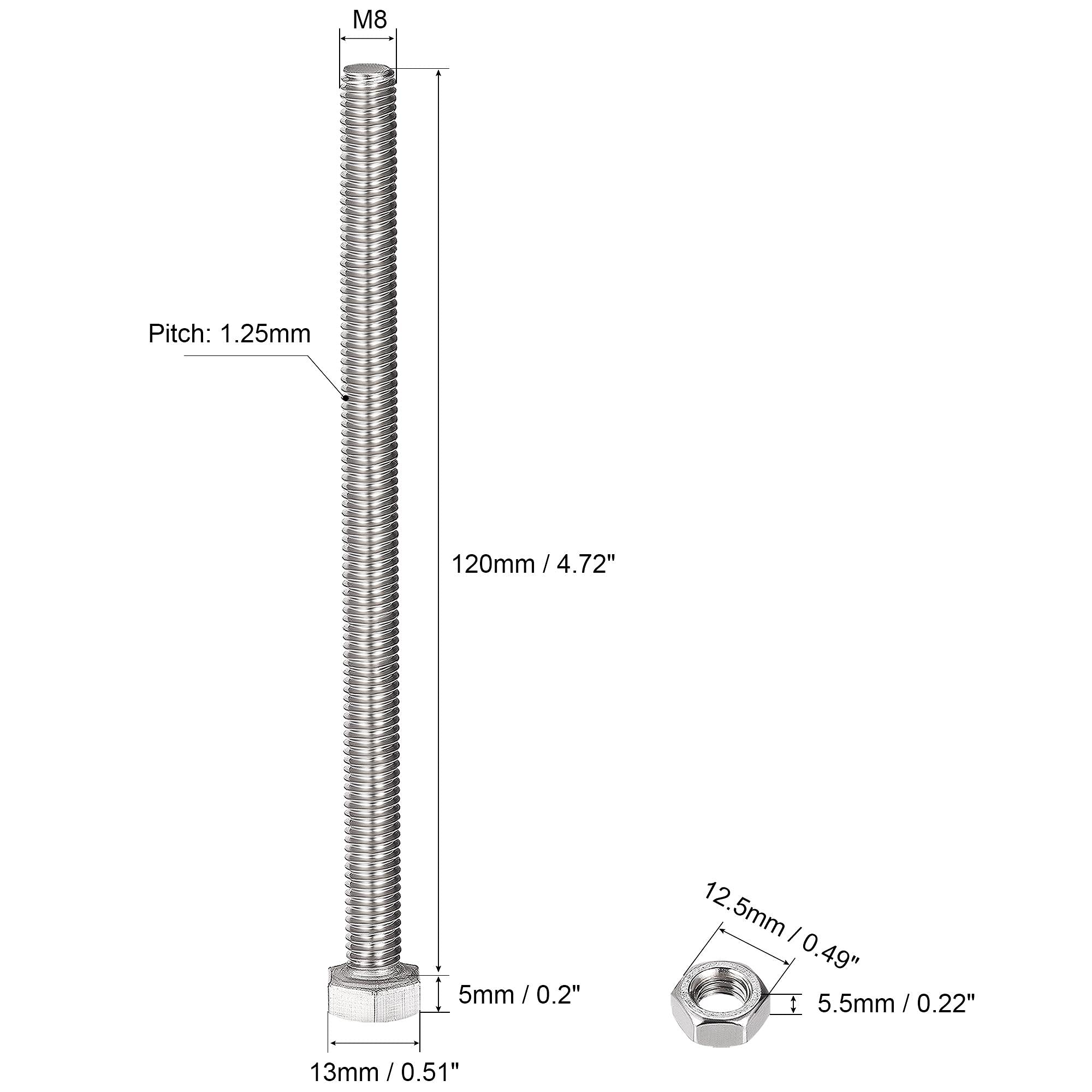 uxcell M8 x 120mm Hex Head Screws Bolts, Nuts, Flat & Lock Washers Kits, 304 Stainless Steel Fully Thread Hexagon Bolts 5 Sets
