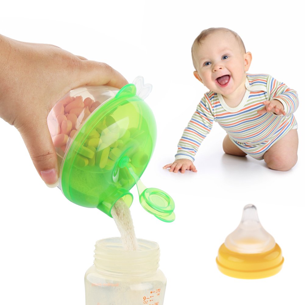Accmor Baby Formula Dispenser for On-The-Go Feedings, Three-Compartment Non-Spill Formula Container to Go, Snack Milk Powder Dispenser for Traveling with Infant Toddler, Green
