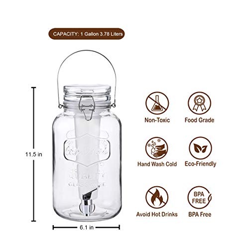 Emica Home 1 Gallon Cold Drink Glass Beverage Dispenser with Ice Infuser, Clear Bail & Trigger with Locking Clamp Drink Dispenser with Easy Flow Spigot for Outdoor, Parties and Daily Use