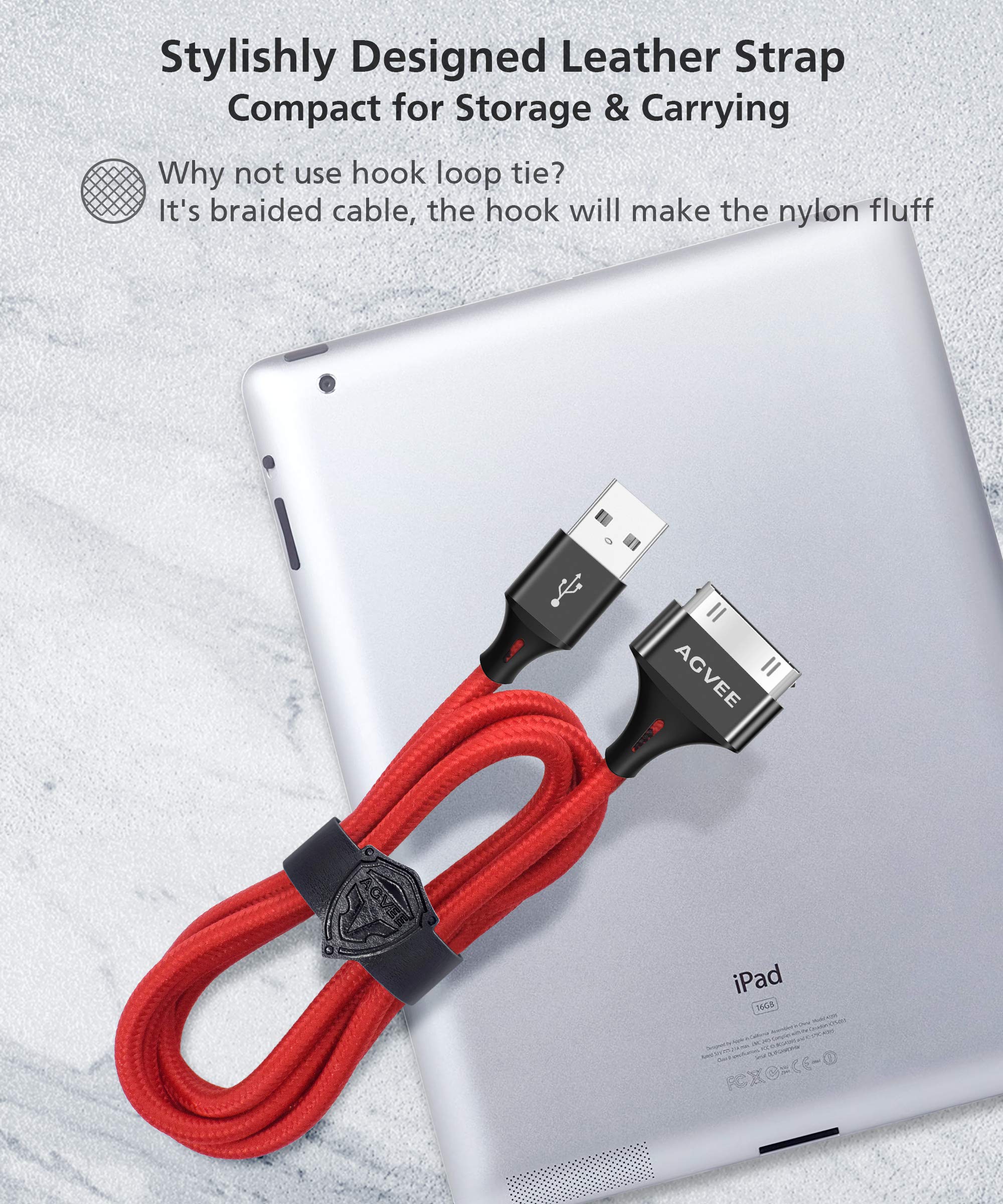 AGVEE [3 Pack 10ft for Old iPhone 4/4S iPad 1/2/3 iPod Charger Cable, 30 Pin Heavy Duty Fast Unbreakable Nylon Braided Slim Metal Shell Long Charging Data Sync Cord with Leather Ties, Red