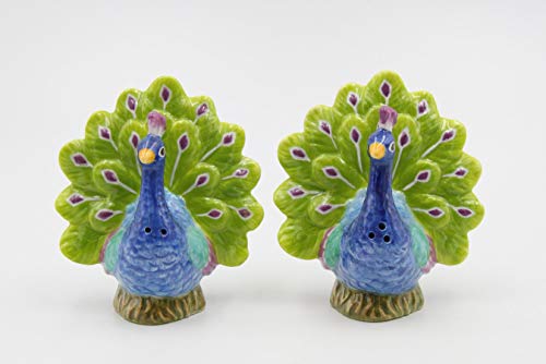 Fine Porcelain Peacock Open Fan Tail Salt & Pepper Shakers Set, 3-1/8" H