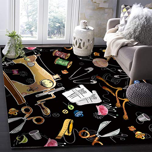 Beauty Decor Rectangle Kitchen Area Rugs 3'x5' Sewing Machine Yarn Scissors Paper Clips Non-Skid Area Carpet for Living Room Comfy Bedroom Home Decorate Floor Carpets Kids Playing Mat.