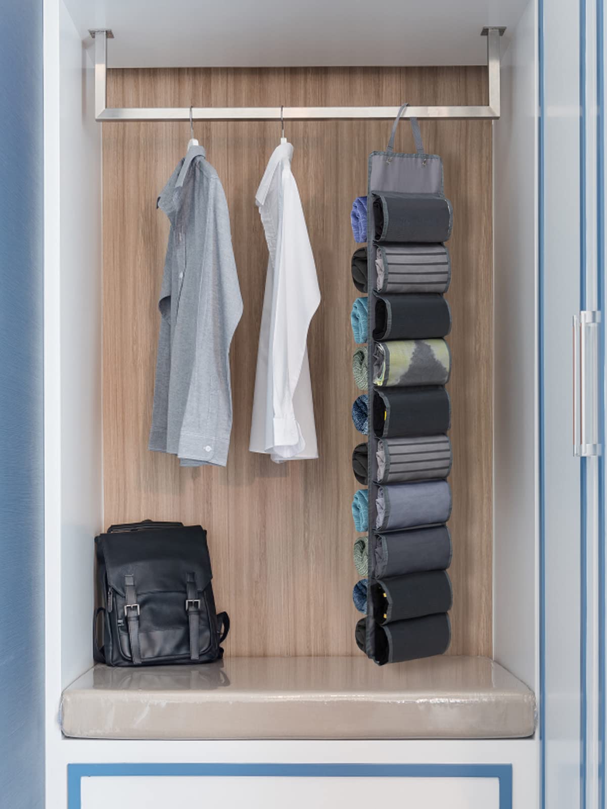 2 Pcs Clothes Closets Roll Holder- Hanging Closet System Closet Space Saver Clothes Organizer with 20 Roll Independent Compartments for T-Shirts Leggings Underwear Bras Socks (Gray, Double Sided)