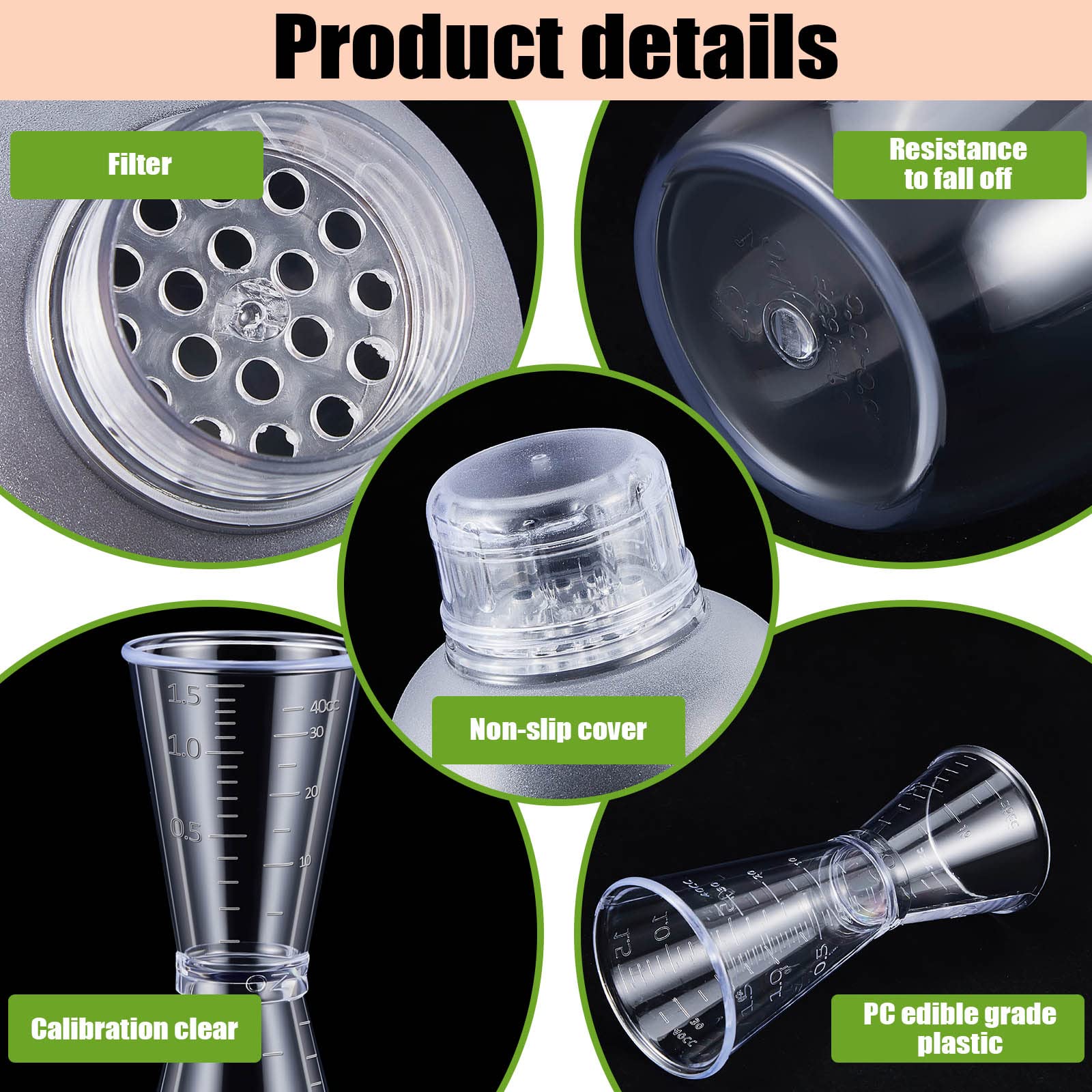 10 Pcs Plastic Cocktail Shaker Set, Including 8 Pcs 24 oz Clear Drink Shaker Drink Mixer Boba Tea Shaker 2 Pcs Cocktail Jigger Plastic Double Measuring Jigger for Bar Coffee