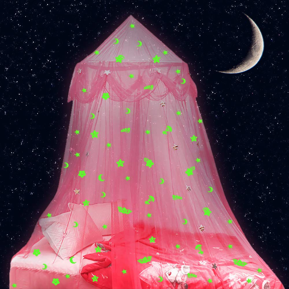 LokSuntec Bed Canopies for Girls Glow in The Dark Stars and Moon Princess Mosquito Net Crib Hanging Tent Bedroom Decoration for Kids Teen Girls Pink