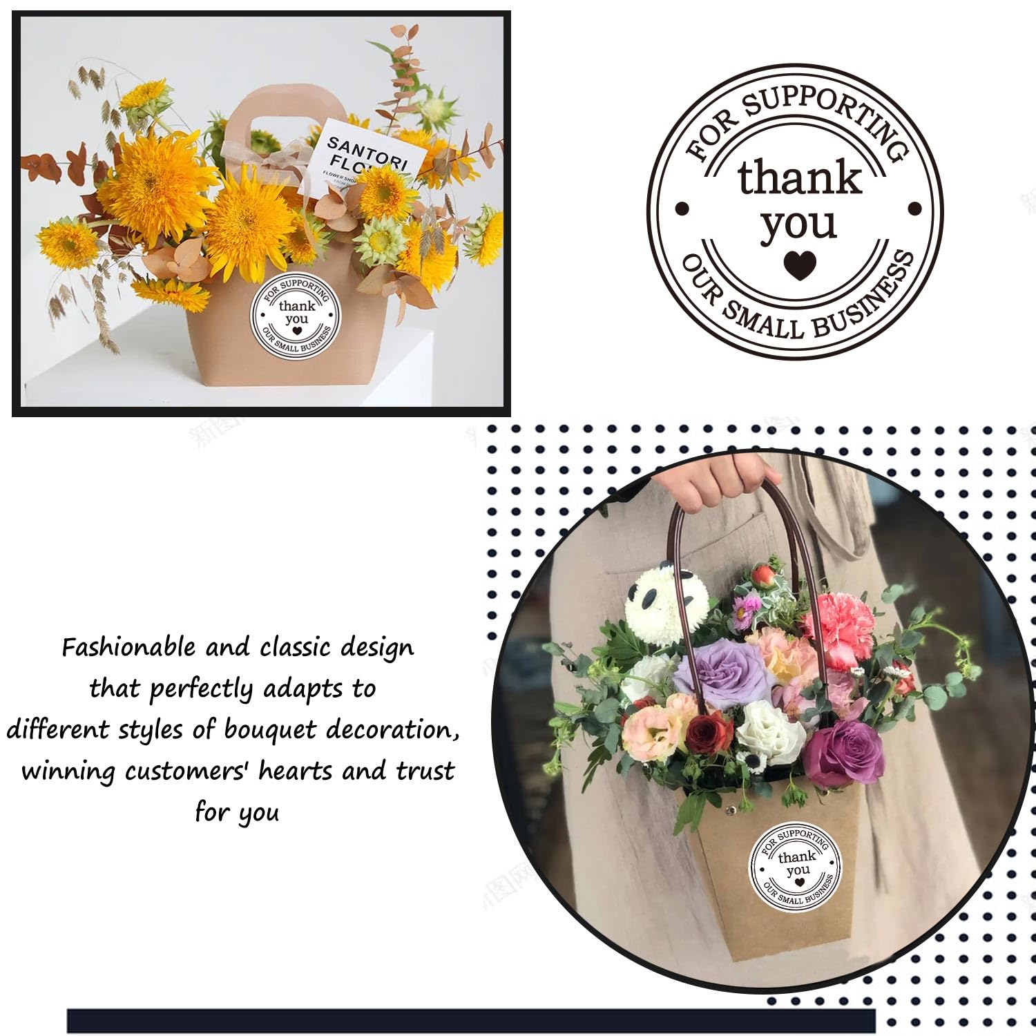 2" Round Classic Retro Stickers Thank You for Supporting Our Small Business Sticker Labels with Hearts - Printed White Thank You Stickers 500 Thank You Labels Per Roll (White, 2 inch)
