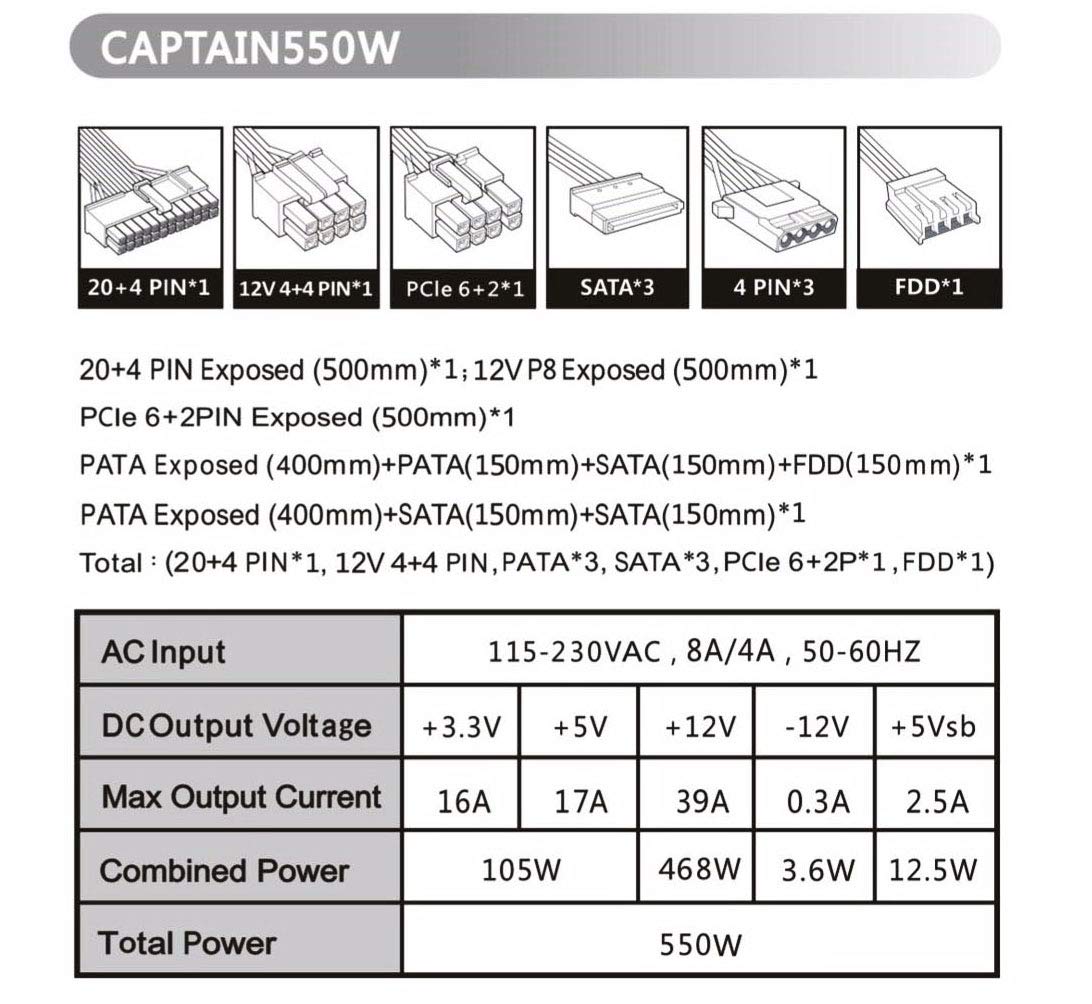 Apevia CAPTAIN550-10 ATX Power Supply with All Black Cables (10-pk)