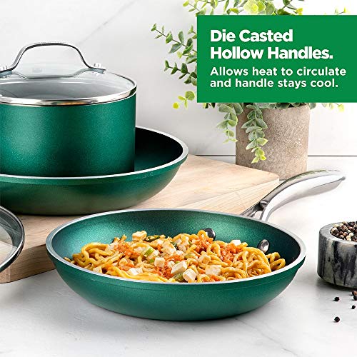 Granitestone Diamond Granite Stone Classic Emerald Pots and Pans Set with Ultra Nonstick Durable Mineral & Diamond Tripple Coated Surface, Stainless Steel Stay Cool Handles, 10 Piece Cookware, Greenā¦